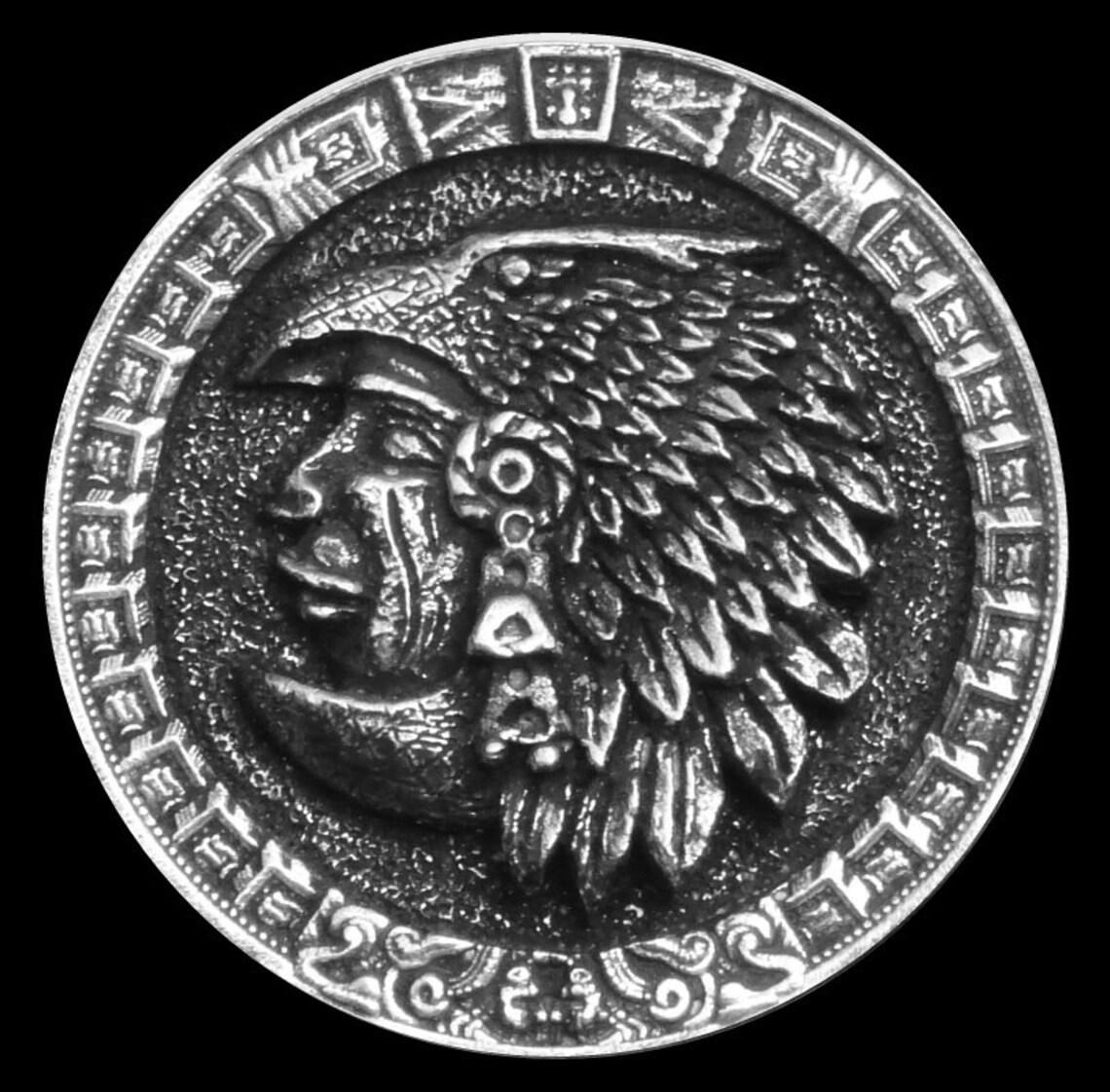 Aztec Eagle Warrior Coin Medallion In Silver Finish Bezel on | Etsy