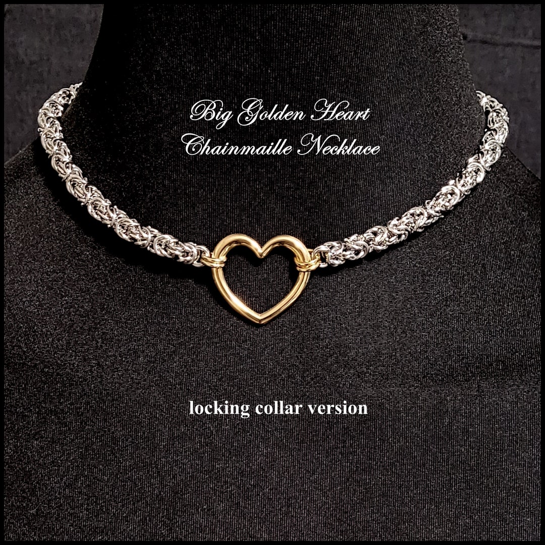 Big Golden Heart Chainmaille Day Collar With Hex Lock Behind Neck - All ...