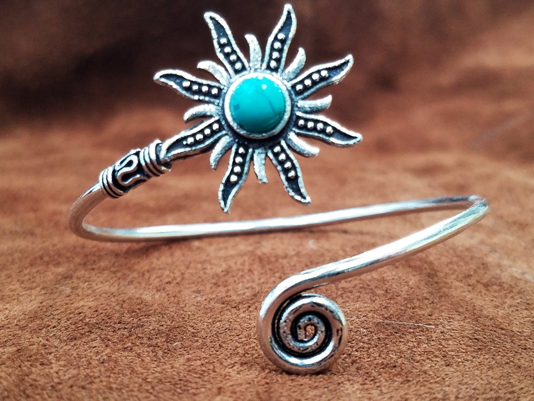 Turquoise Sun Adjustable Silver Bangle Bracelet - Tribal Gemstone ...
