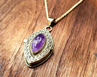 Gold Amethyst Locket Teardrop Pendant Necklace | Etsy
