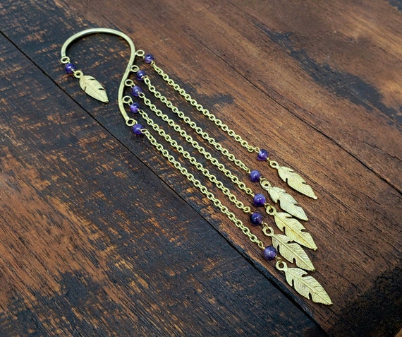Gold Chain Ear Cuff With Amethyst and Feather Charms | Etsy