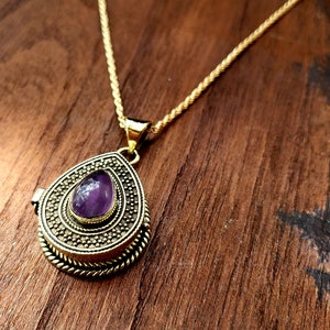 Gold Amethyst Locket Teardrop Pendant Necklace | Etsy