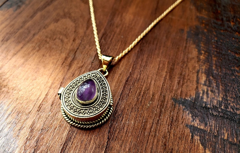 Gold Amethyst Locket Teardrop Pendant Necklace - Etsy