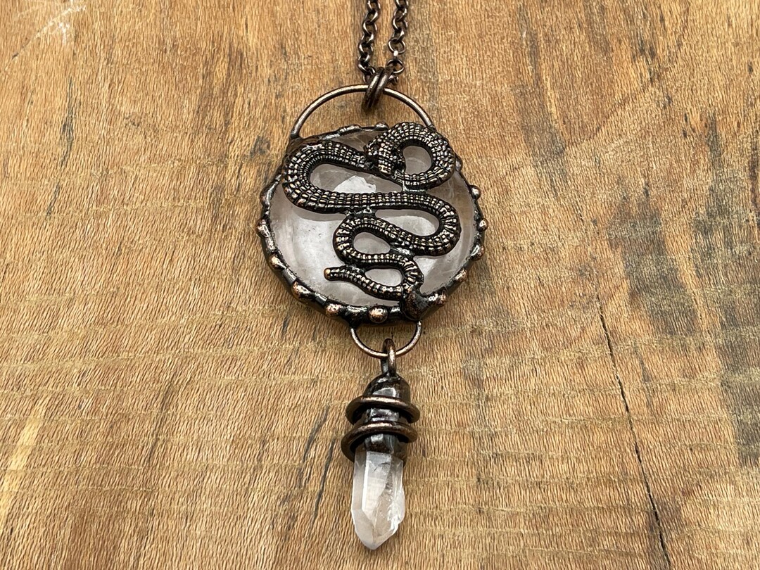Electroform Rose and Clear Quartz Snake Pendant - Etsy
