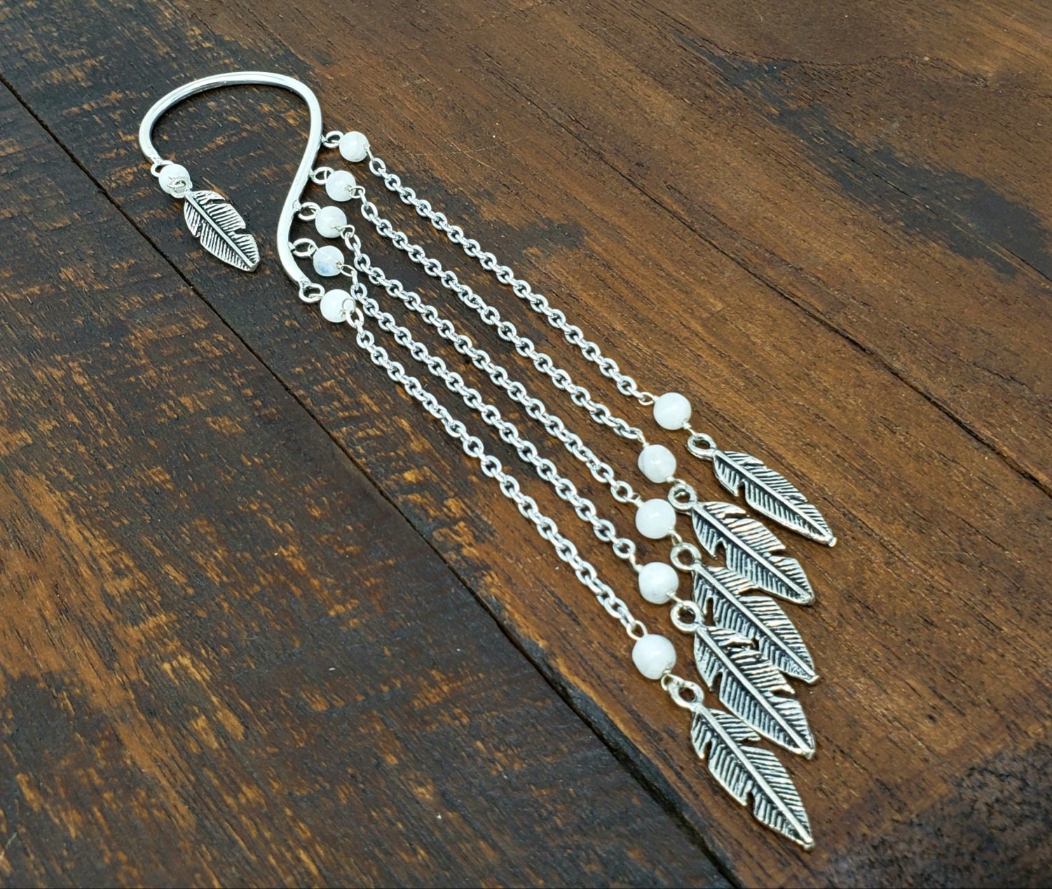 Silver Chain Ear Cuff With Moonstone Beads and Feather Charms - Etsy