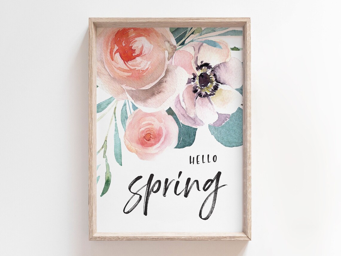 Hello Spring Spring Printable Wall Art Watercolor Floral | Etsy