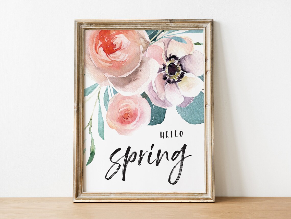 Hello Spring Spring Printable Wall Art Watercolor Floral | Etsy