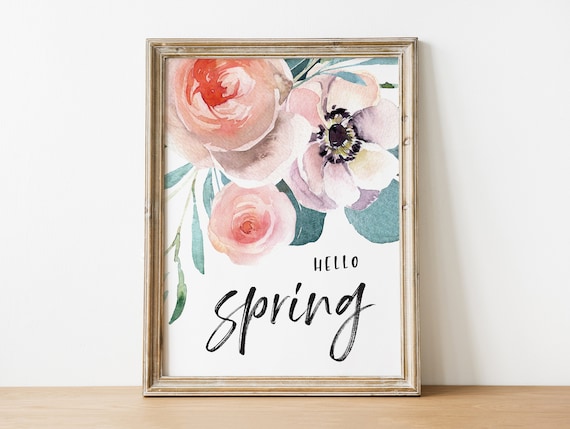Hello Spring Spring Printable Wall Art Watercolor Floral | Etsy