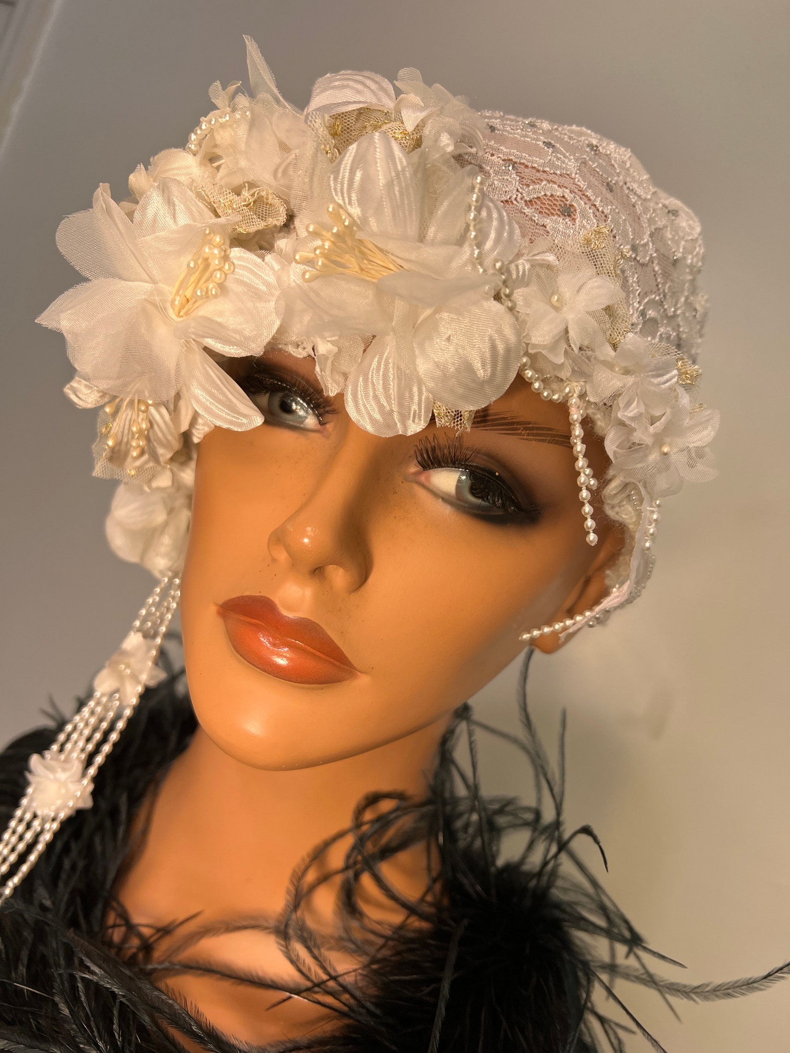 Wedding Antique Style Flapper Hat Cloche Lace Wrap Wedding 20s Theme ...