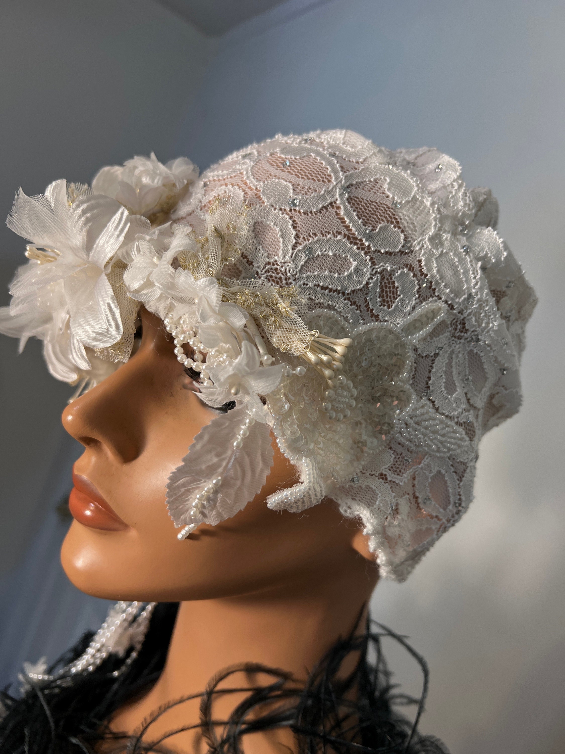 Wedding Antique Style Flapper Hat Cloche Lace Wrap Wedding 20s Theme ...