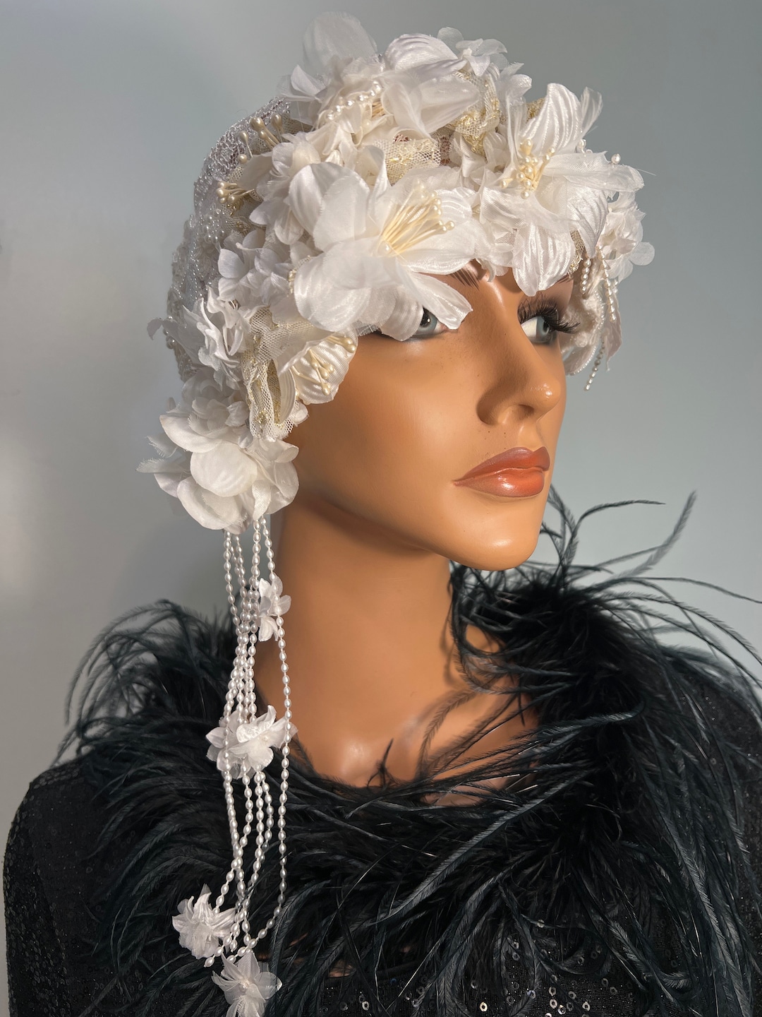 Wedding Antique Style Flapper Hat Cloche Lace Wrap Wedding 20s Theme ...