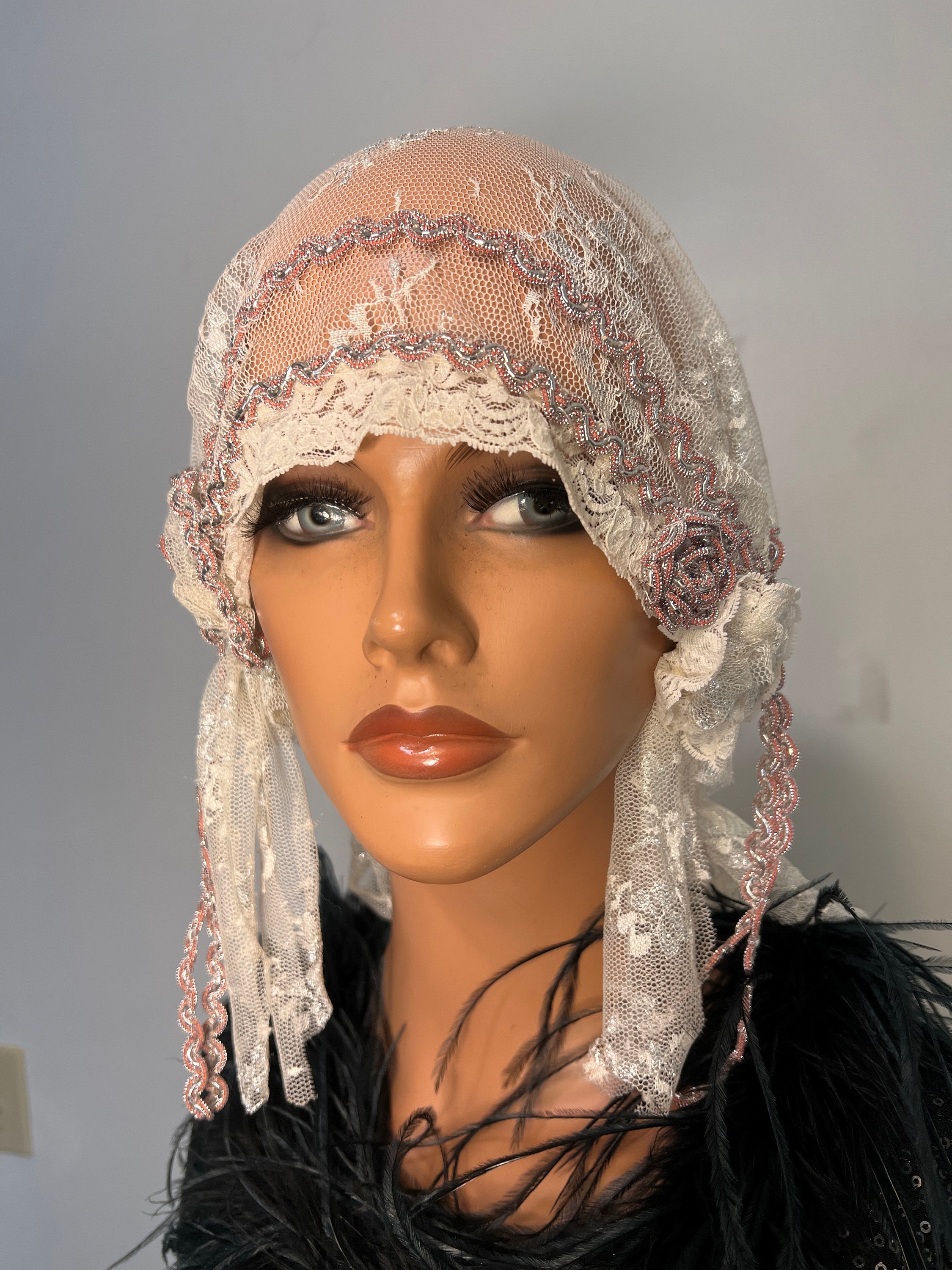 Lace Flapper Hat Cloche Lace Antique Style Wrap Wedding 20s Church FREE ...