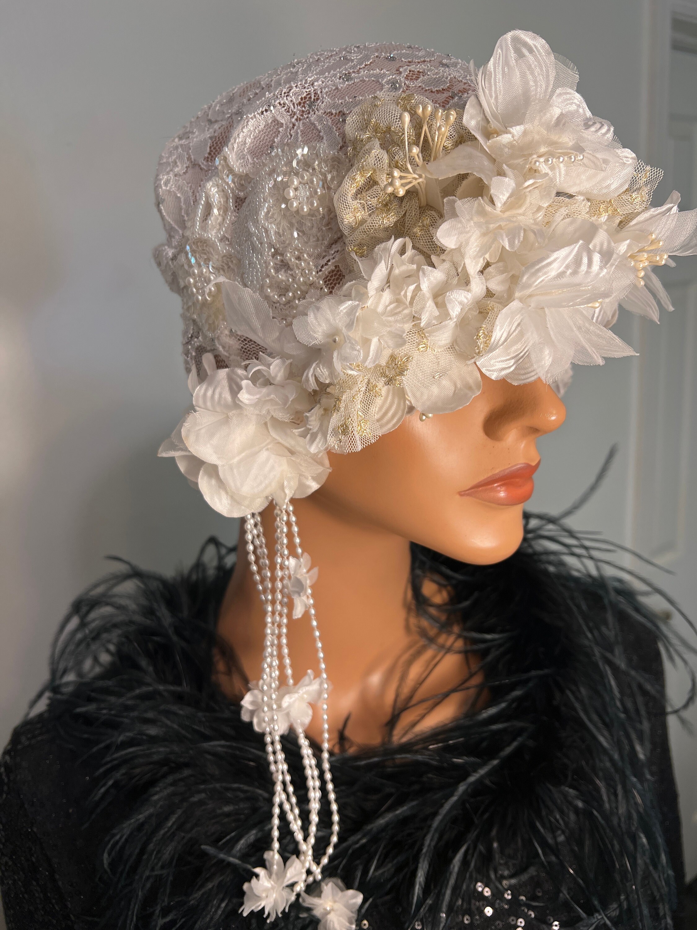 Wedding Antique Style Flapper Hat Cloche Lace Wrap Wedding 20s Theme ...