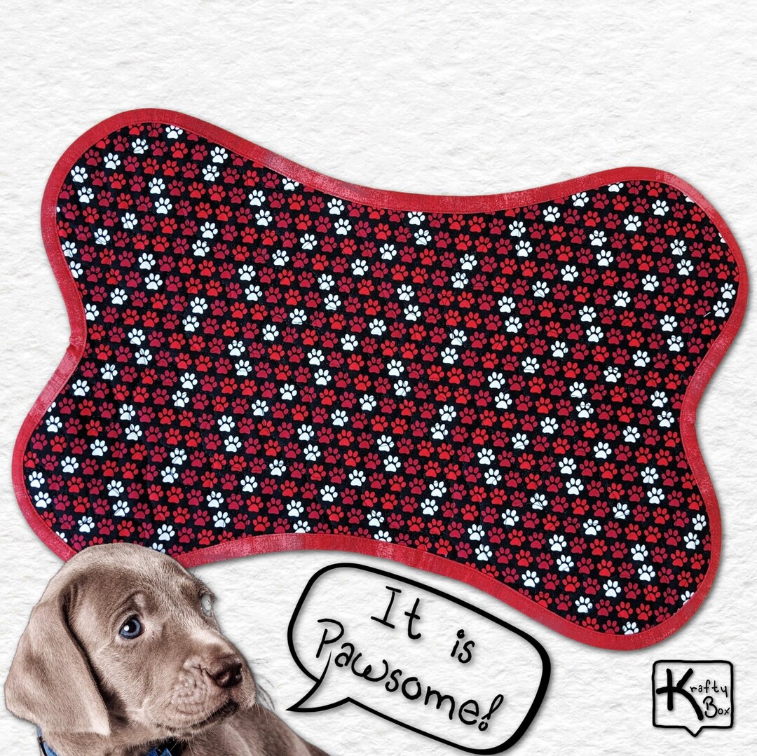 Dog Placemat Bone Shape Reversible Quilted Fabric Pet Paw Prints Design ...