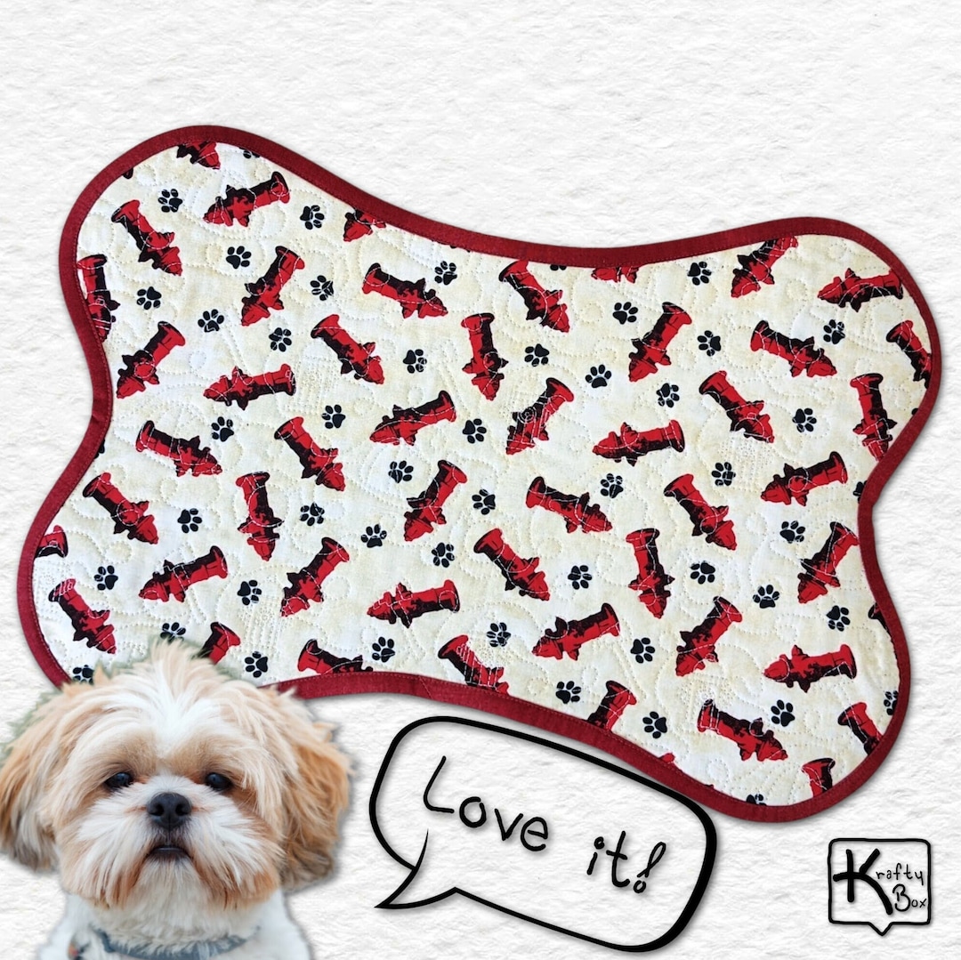 Dog Placemat Bone Shape Reversible Quilted Fabric Red Fire Hydrants ...