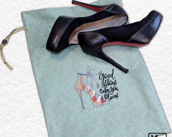 Travel Shoe Bag Flannel Lining Handmade Green Cotton Fabric Embroidered ...