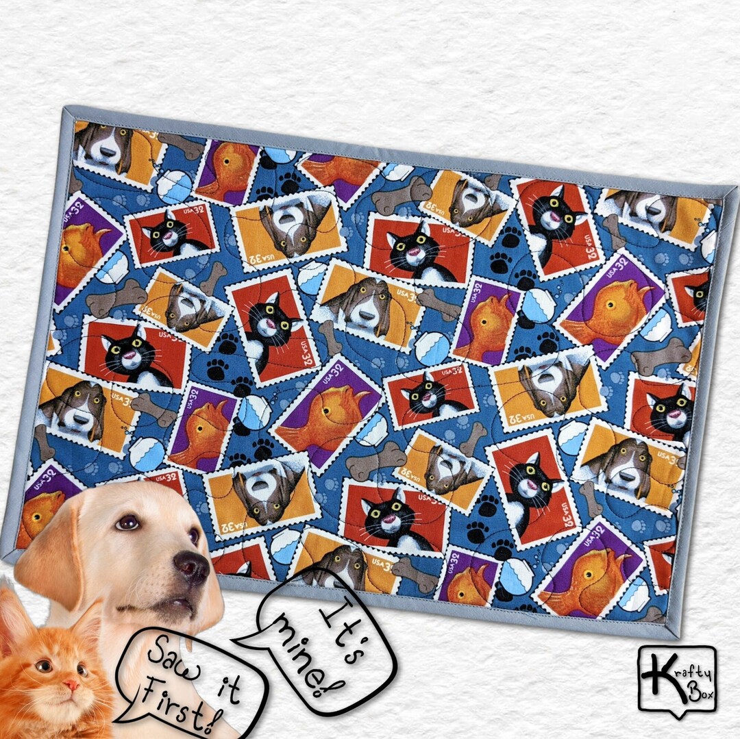 Pet Food Station Mat Reversible Cotton Fabric Dogs & Cats Design Great ...