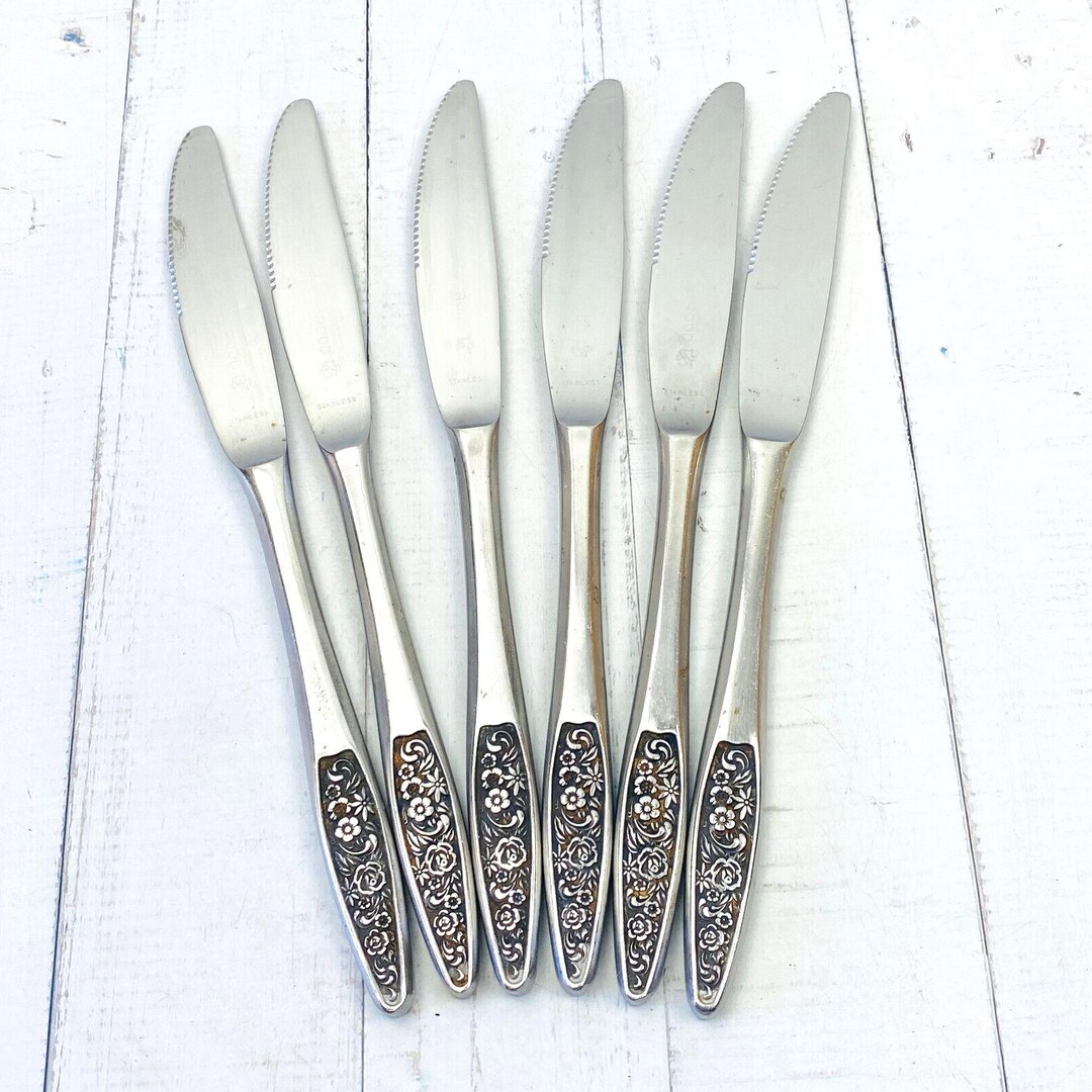 Set of 7 Vintage Rodd Stainless Japan Knives Ornate Floral Handle ...