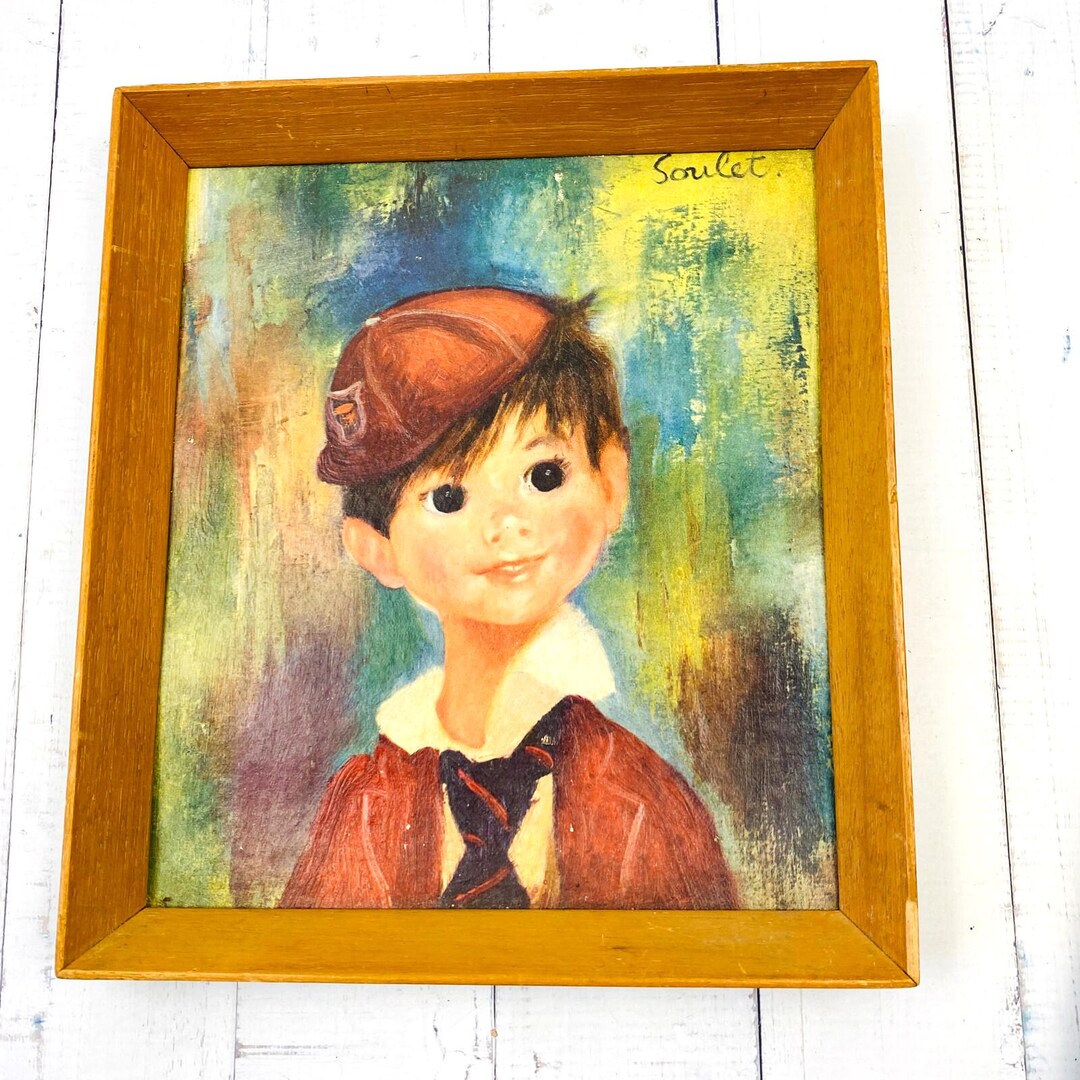Vintage Soulet Framed Print Boy in Cap Big Eyes Retro Wall Art 19x22cm ...