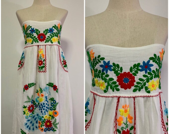 Mexican Embroidered Sundress Cotton Strapless in White With Lining ...
