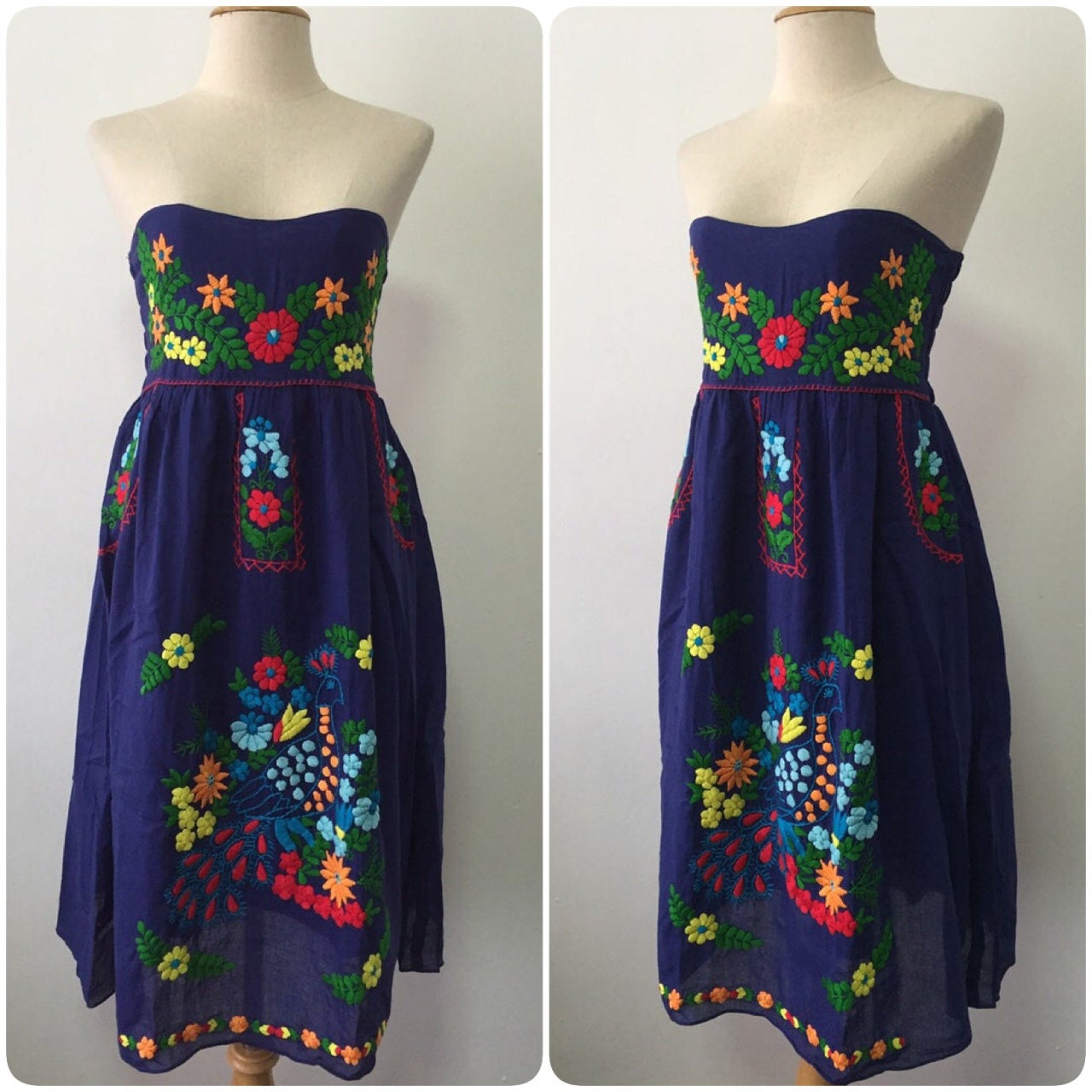 Hand Embroidered Sundress Mexican Style Cotton Strapless Dress | Etsy