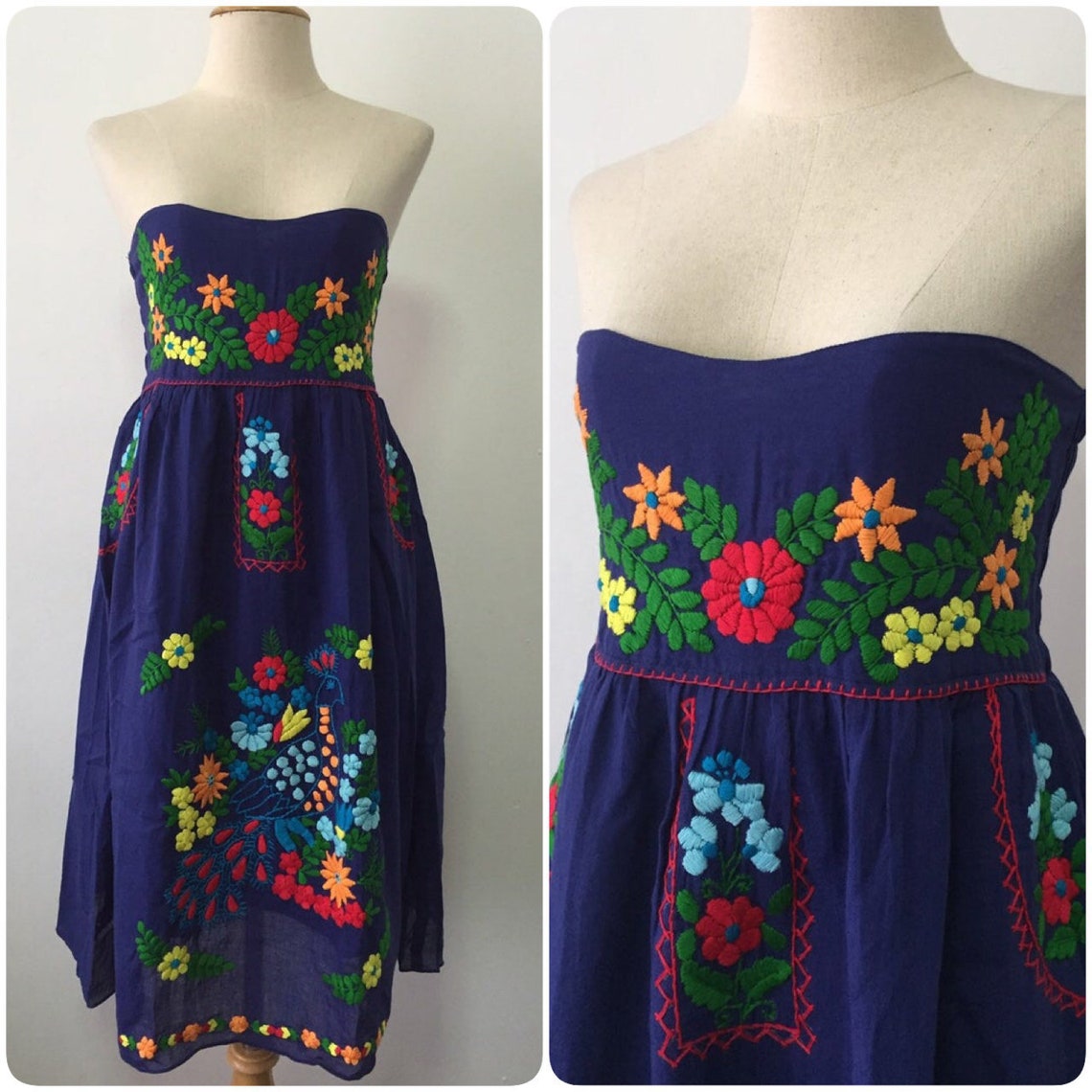Hand Embroidered Sundress Mexican Style Cotton Strapless Dress | Etsy