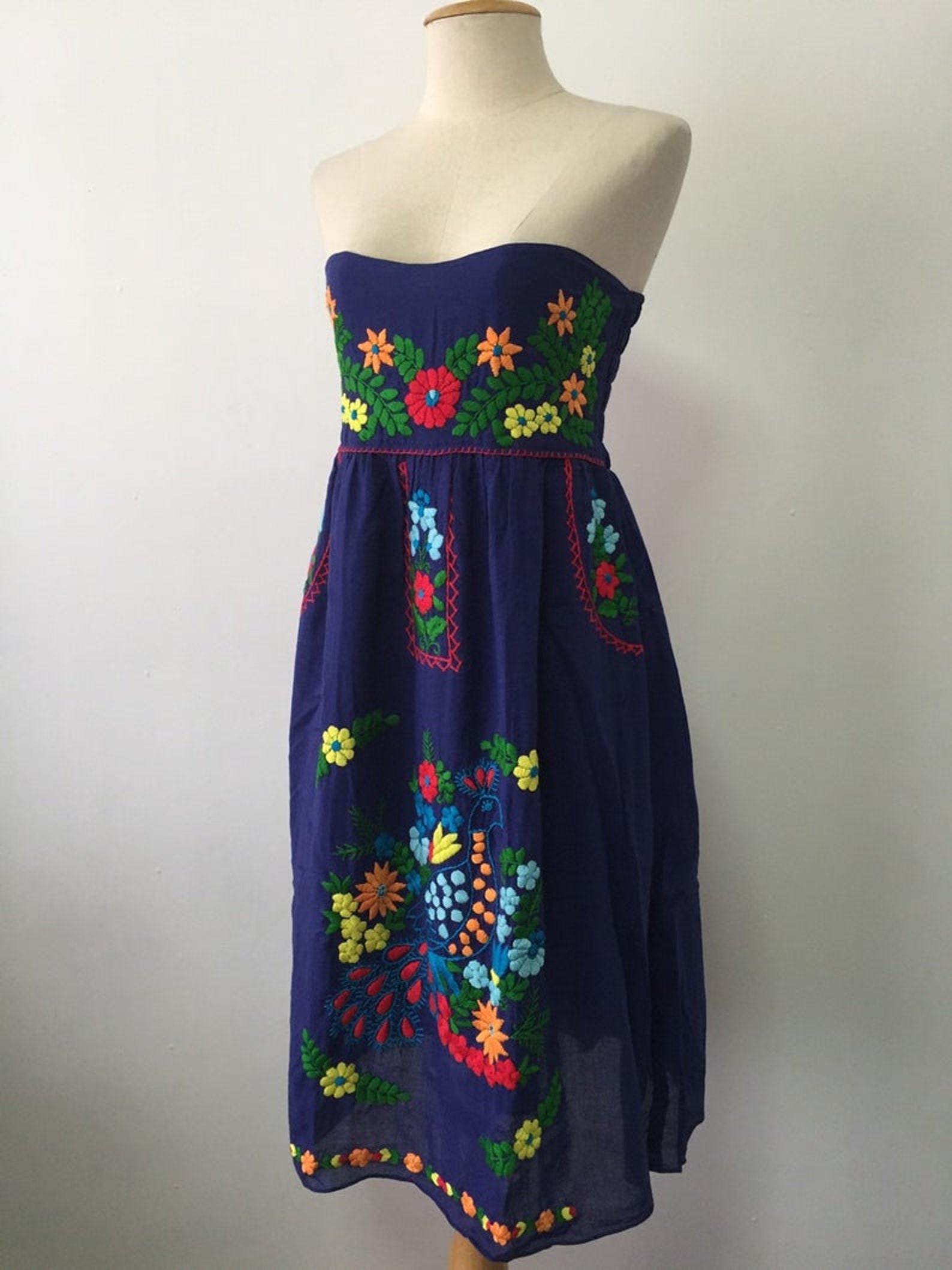 Hand Embroidered Sundress Mexican Style Cotton Strapless Dress - Etsy