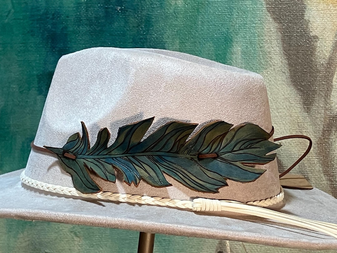 Leather Feather Hat Band: Hand- Drawn,dyed, Cut and Burned - Boho ...