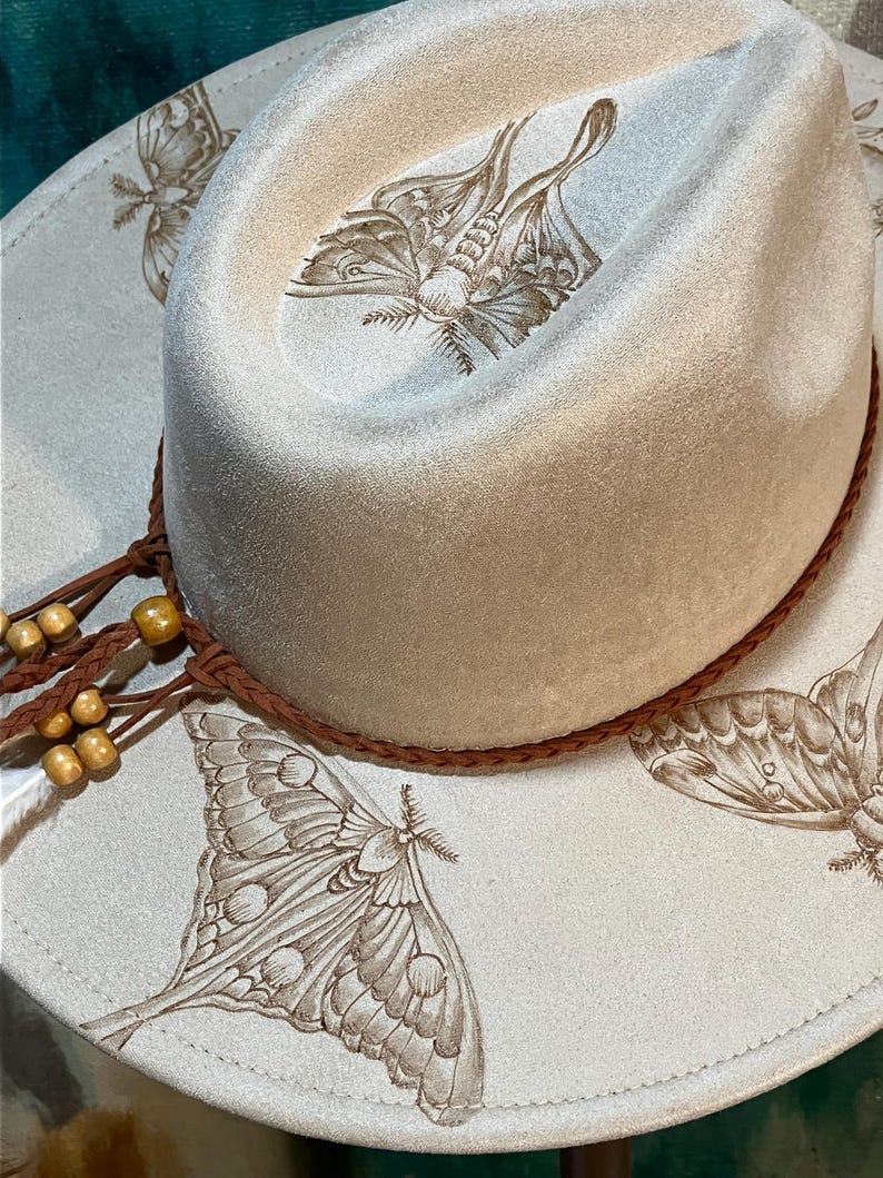 Luna Moth Moon Phase - Hand Drawn, Burned Art on Boho/cowboy Suede Hat ...