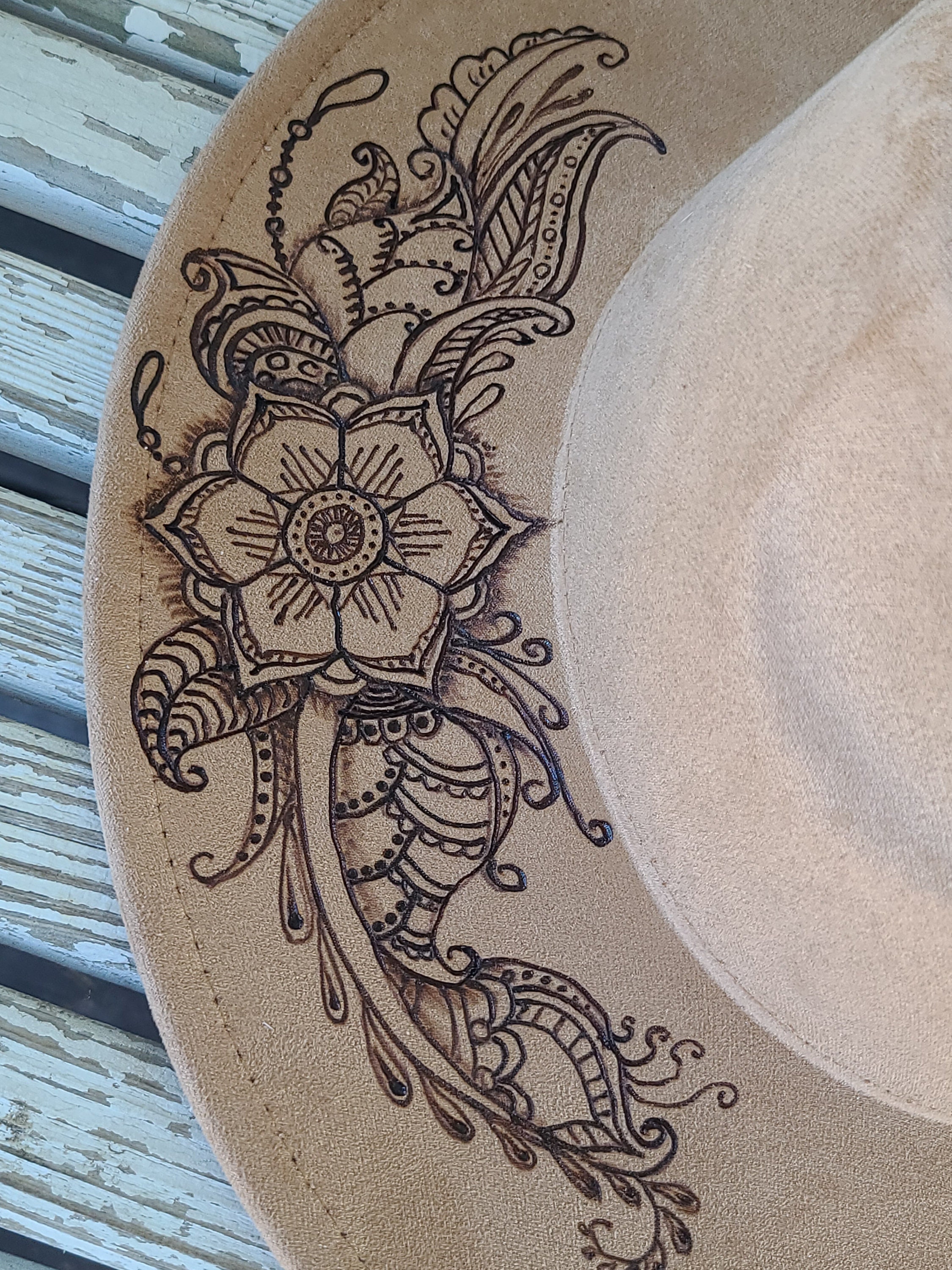Burned Vegan Suede henna Flowers Camel, Rancher, Teardrop Top, Lainey ...