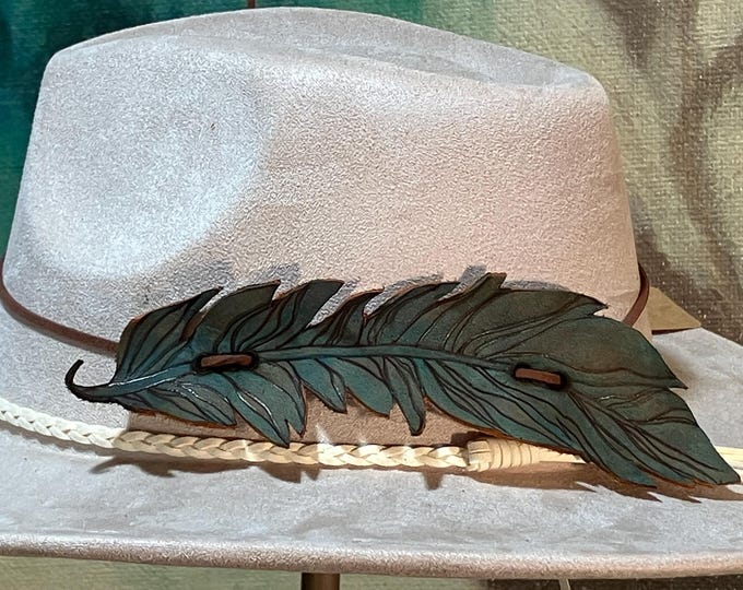 Leather Feather Hat Band: Hand- Drawn, Dyed, Cut and Burned. Blue Boho ...