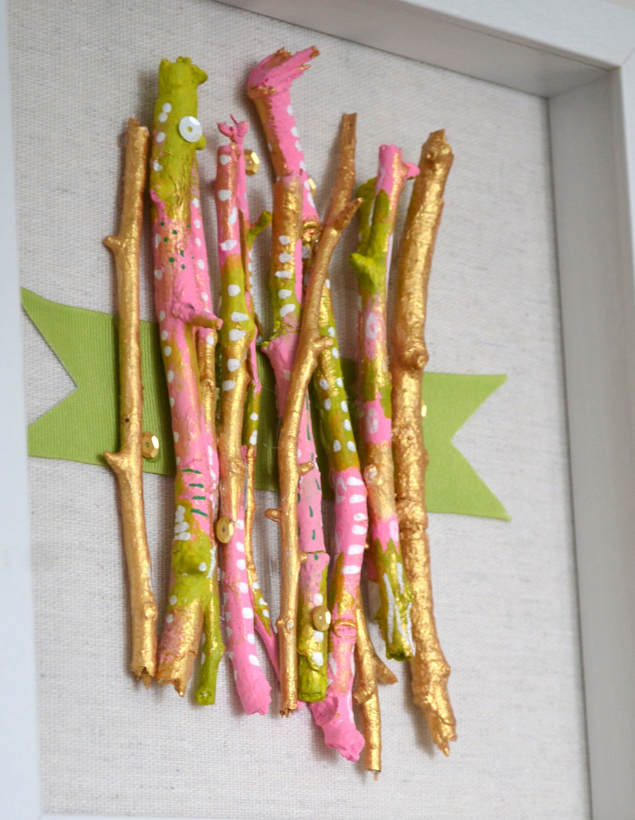 Painted Stick Art Assemblage Mixed Media Framed Art Pink Green Gold ...