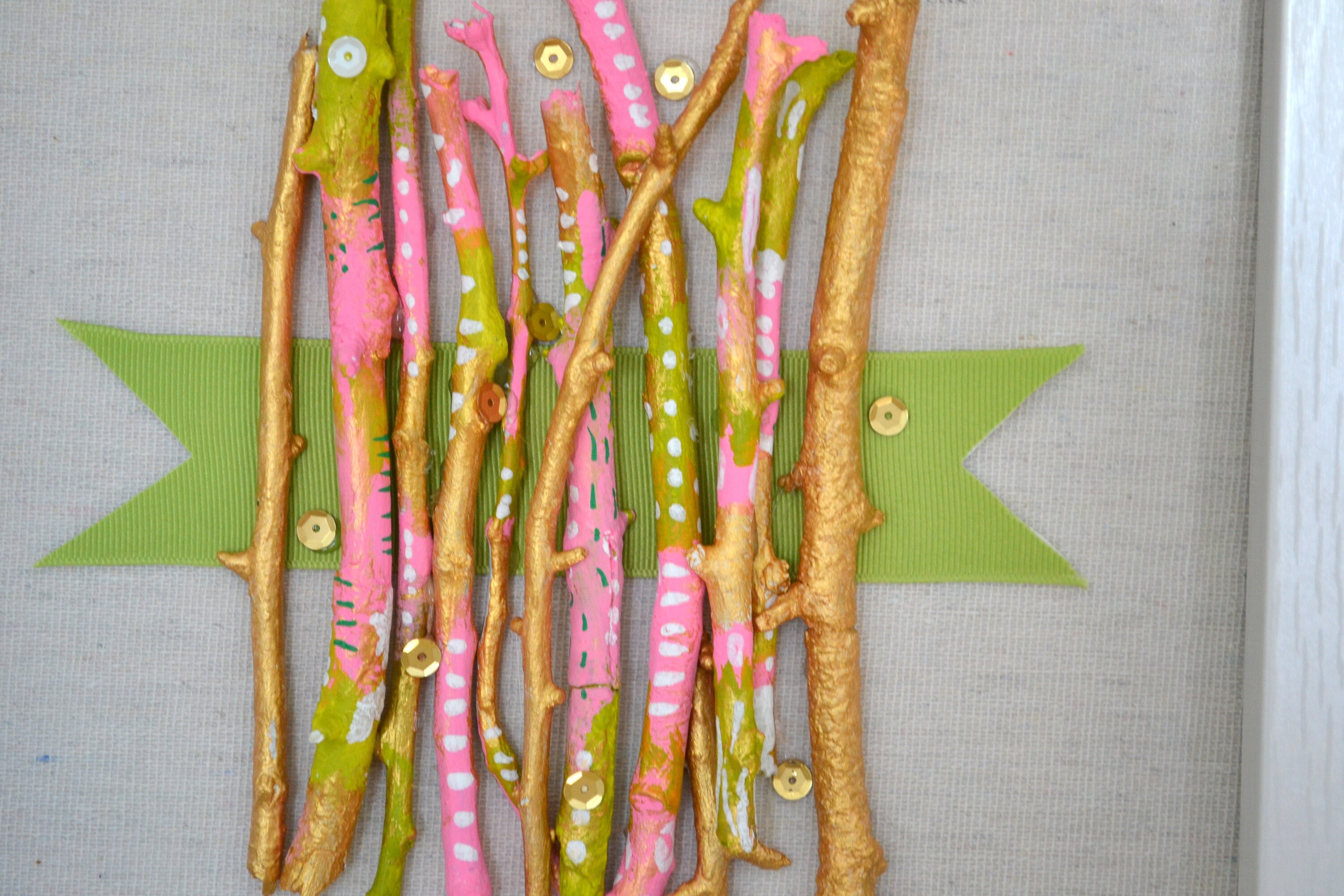 Painted Stick Art Assemblage Mixed Media Framed Art Pink Green Gold ...