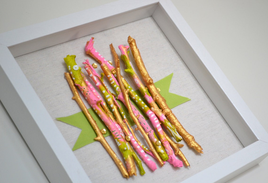 Painted Stick Art Assemblage Mixed Media Framed Art Pink Green Gold ...