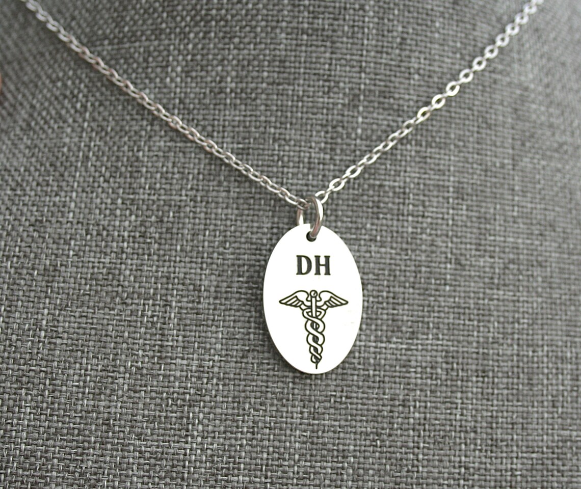 DH Caduceus Stainless Steel Symbol Charm Necklace, Dental Hygienist ...