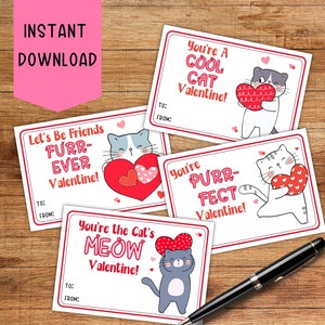 Printable Cat Valentine Cards for Kids Instant Download Valentine's Day ...