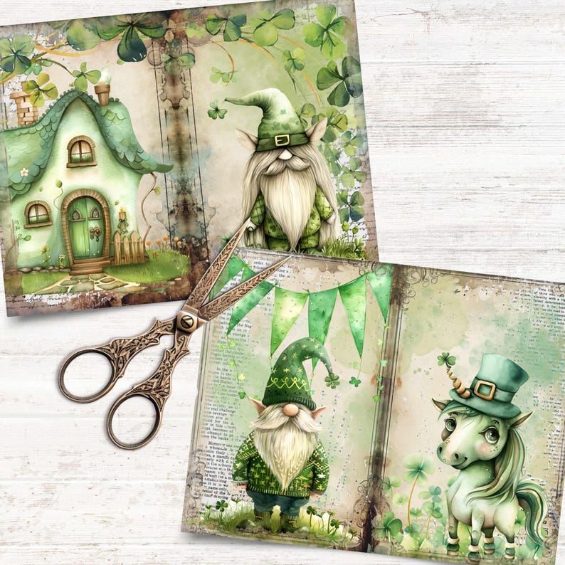 St Patrick's Day Junk Journal Paper - Whimsical Irish Gnomes Digital ...