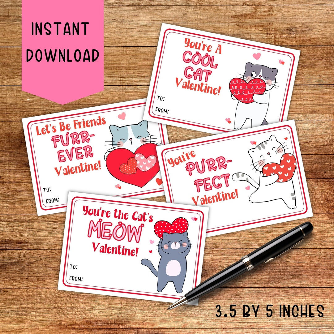 Printable Cat Valentine Cards for Kids - Instant Download Valentine's ...