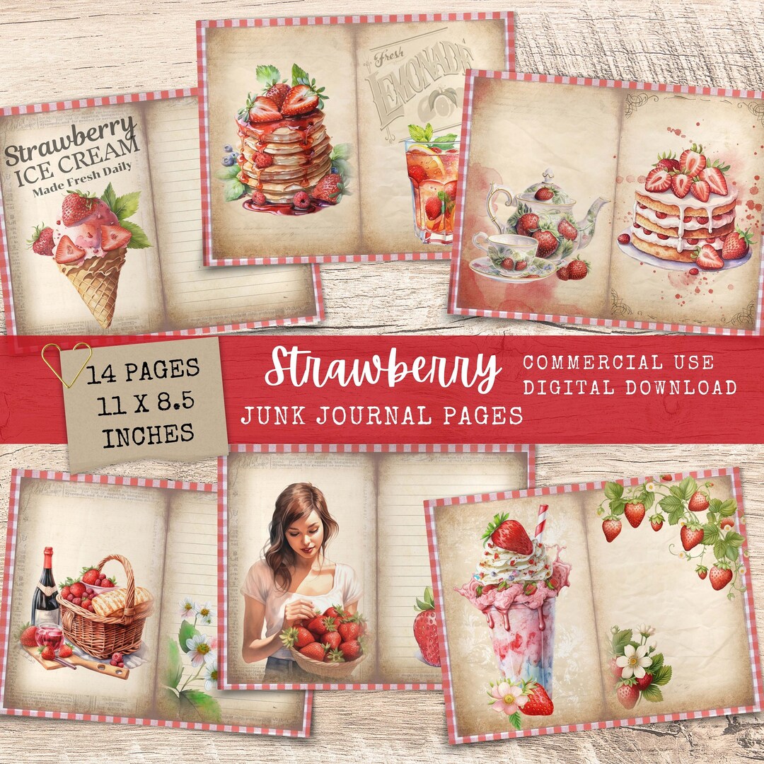 Strawberry Junk Journal Paper - 14 Digital Scrapbook Pages Printable ...