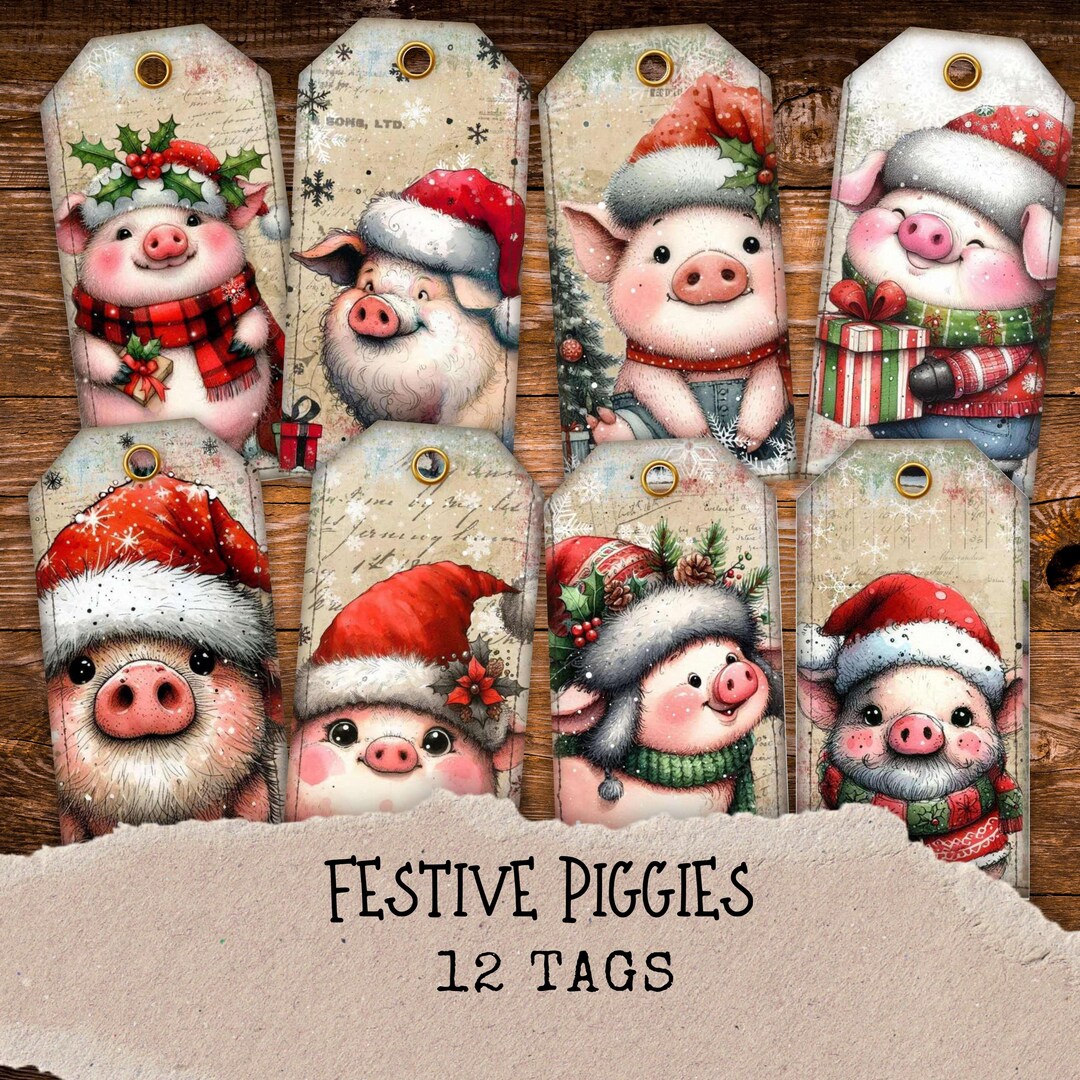 Pig Christmas Gift Tags - Set of 12 Whimsical Holiday Farm Printable ...