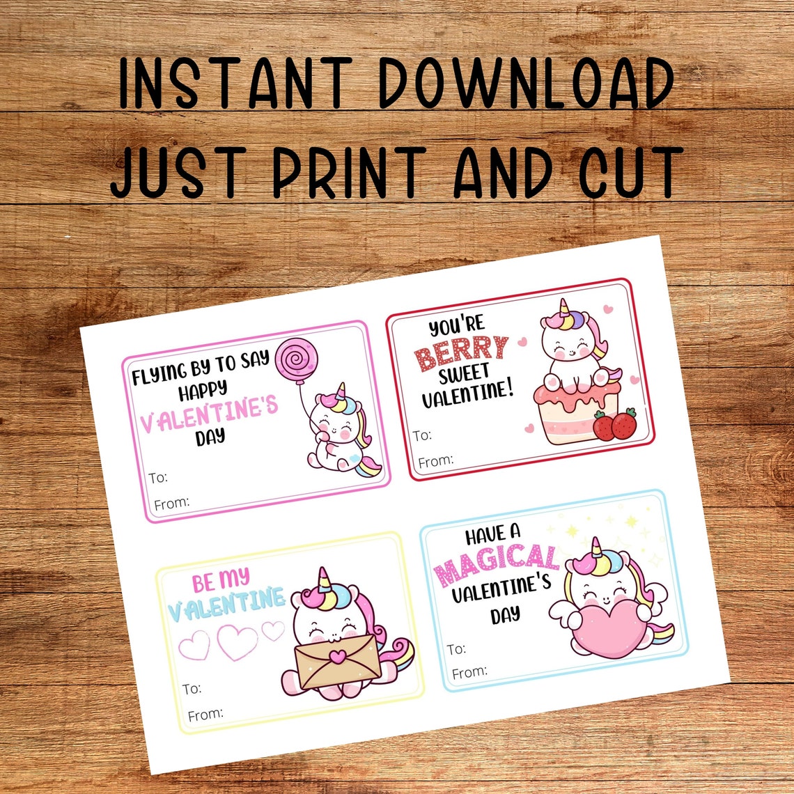 Printable Unicorn Valentine Cards for Kids - Instant Download Valentine ...