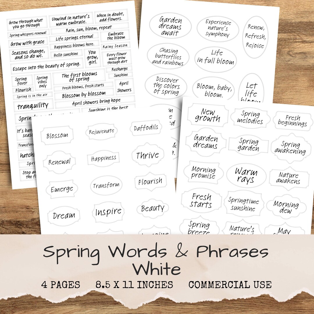 Spring Words and Phrases White - Printable Ephemera Sentiment Scraps ...