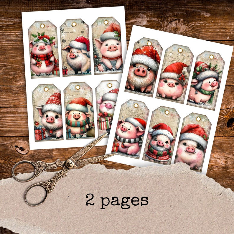 Pig Christmas Gift Tags - Set of 12 Whimsical Holiday Farm Printable ...