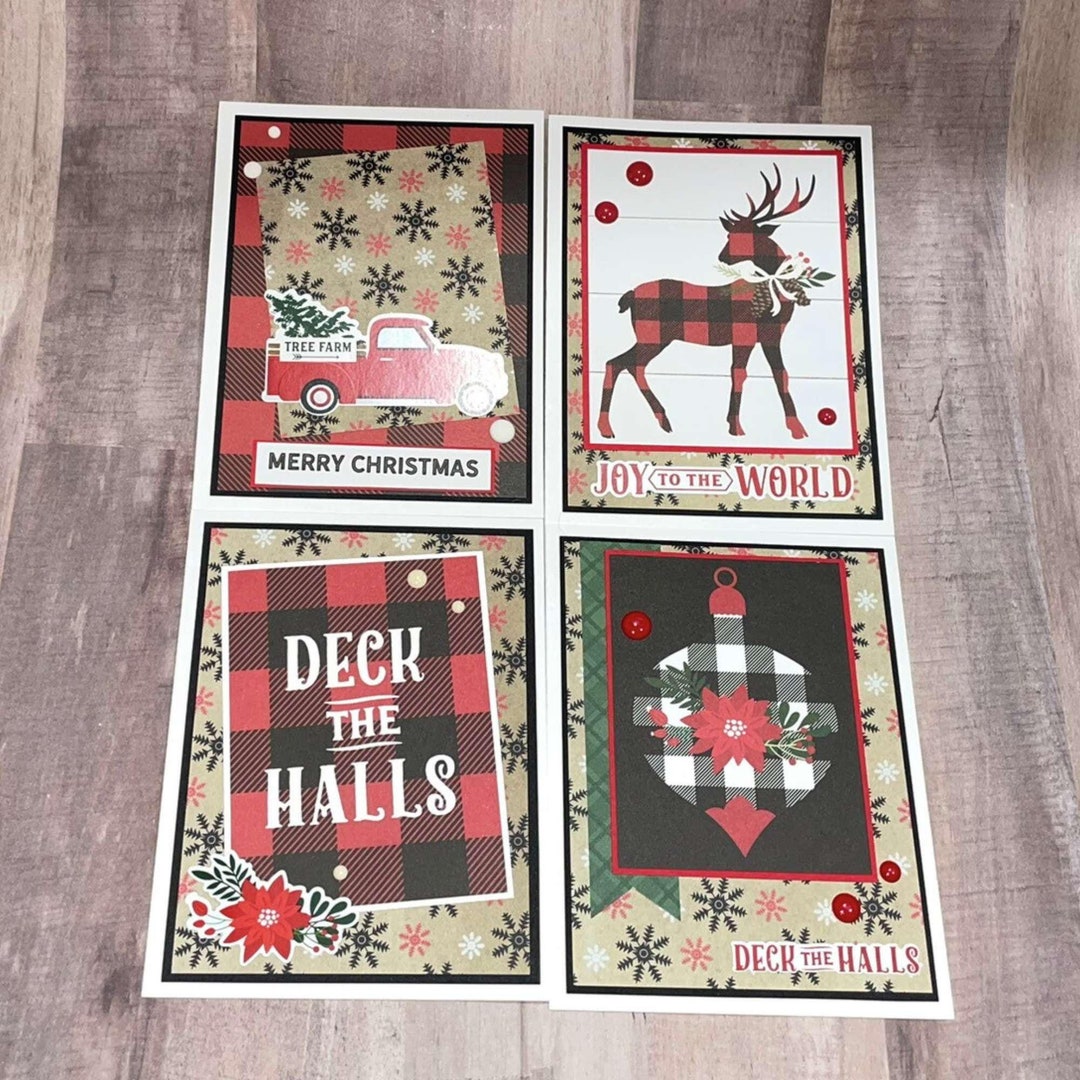 Farmhouse Christmas Cards Set - 4 Buffalo Plaid Handmade Greeting Cards ...