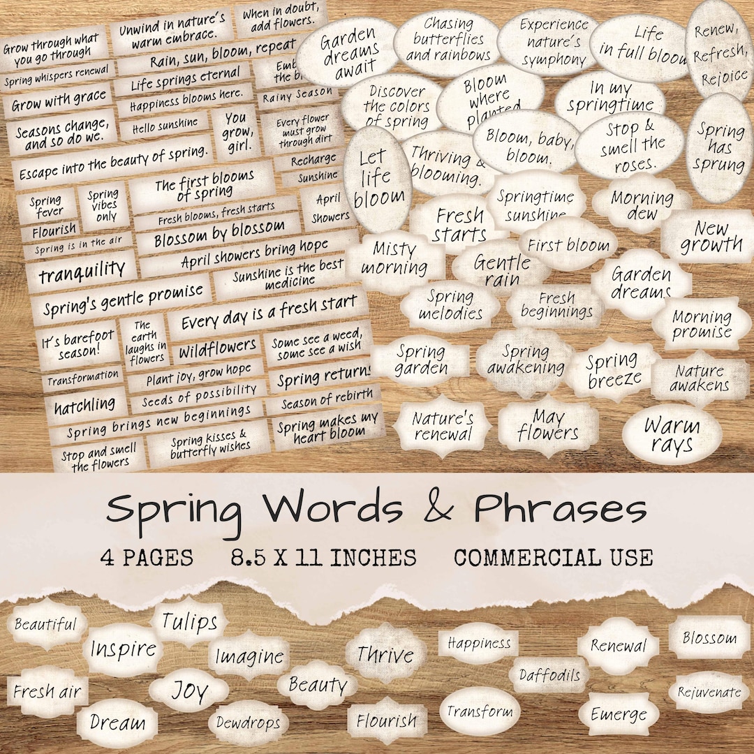 Spring Words and Phrases - Printable Scraps Ephemera for Junk Journal ...