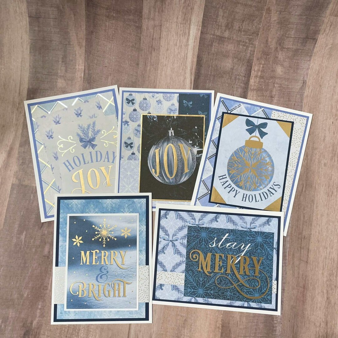 5 Handmade Christmas Cards Blue and Gold Holiday Card Set - Etsy