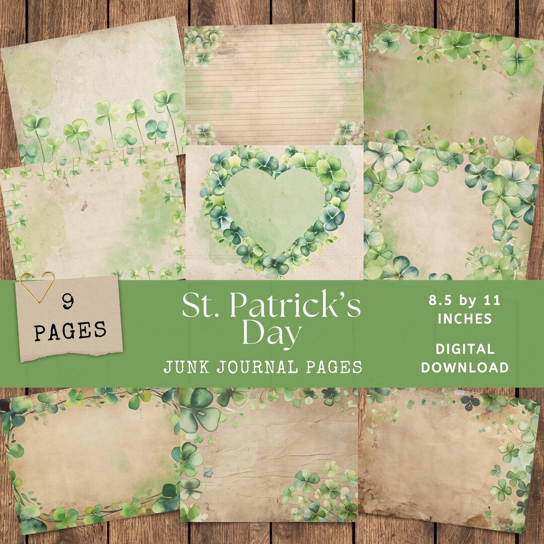 St Patrick's Day Junk Journal Papers - 9 Shamrock Clover Distressed ...