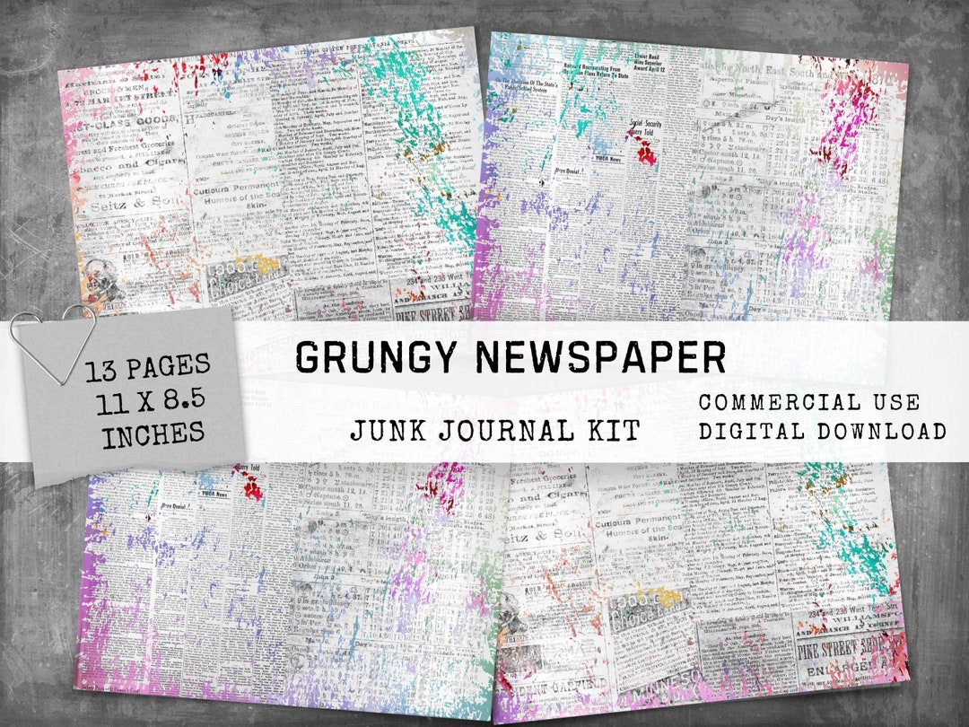 Grungy Newspaper Junk Journal Pages - Colorful Painted Printable Paper - Digital Scrapbook ...