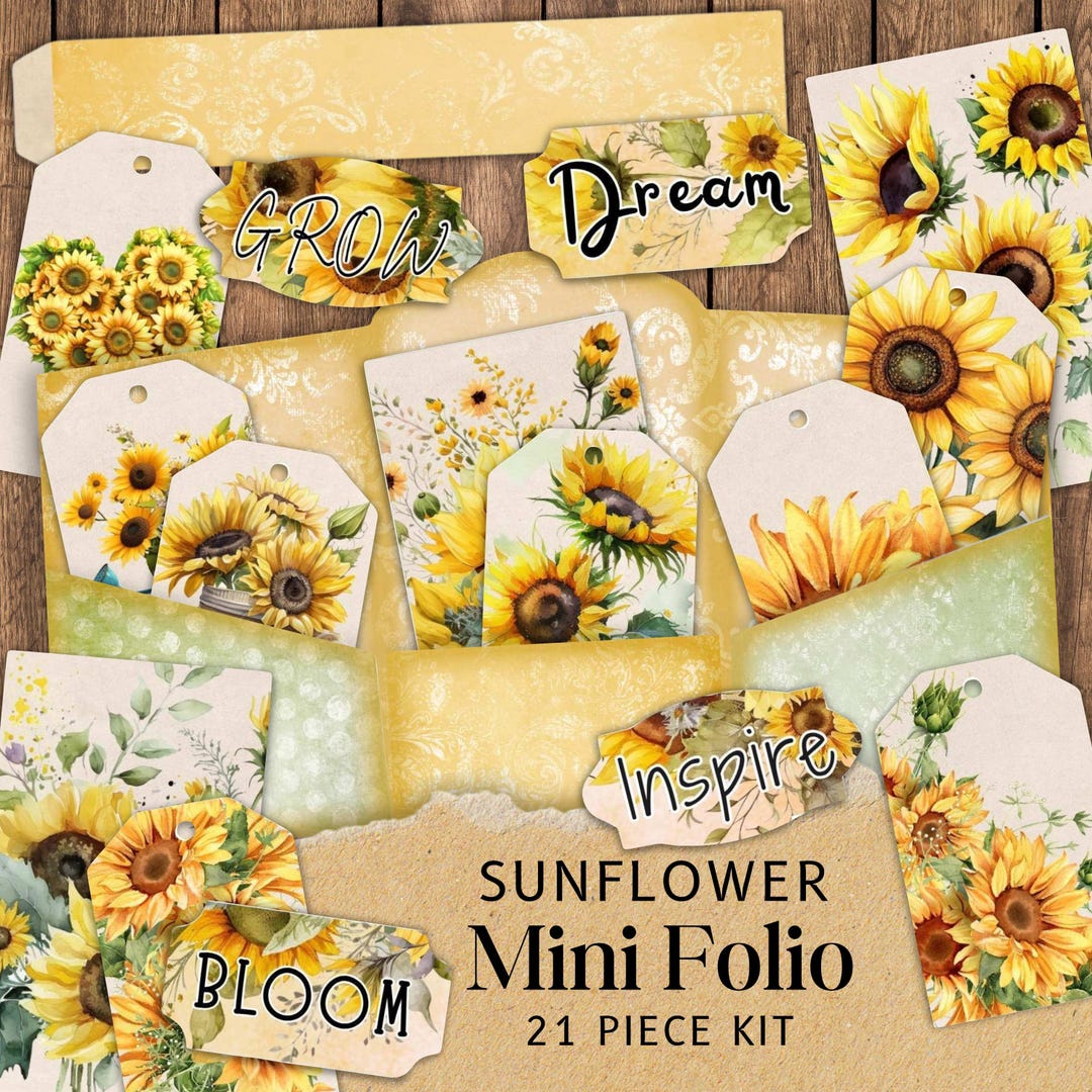 Sunflower Mini Folio Kit - Printable Floral Junk Journal Ephemera With ...