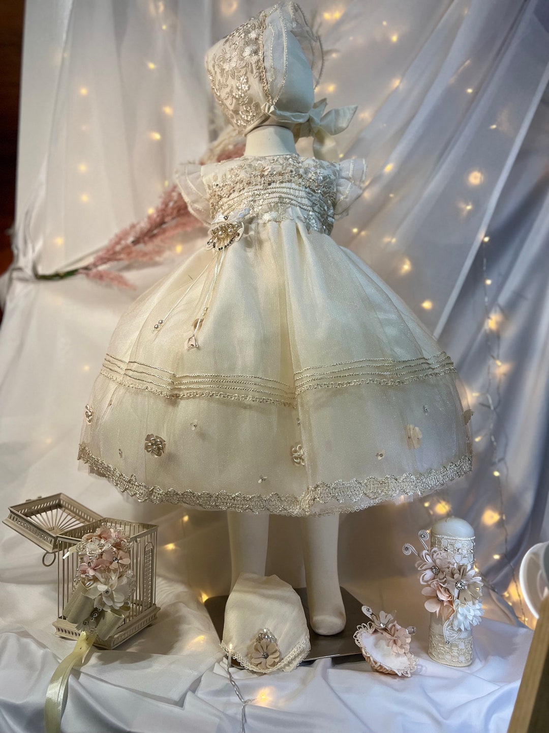 Baptism Set. It Includes a Dress, a Candle Set, and a Headband - Etsy